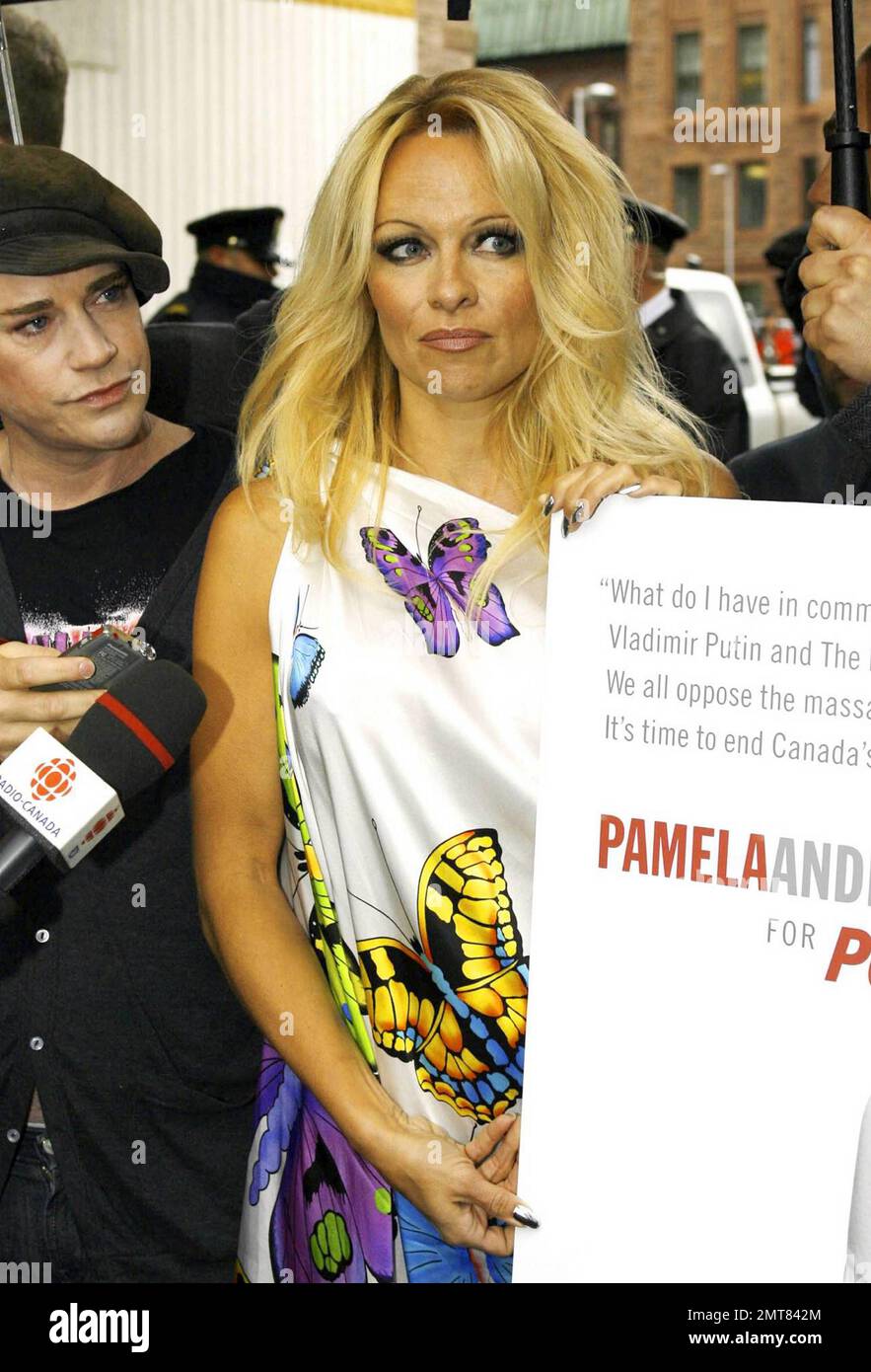 Pamela Anderson wears a colorful spring-like dress on a very dreary day ...