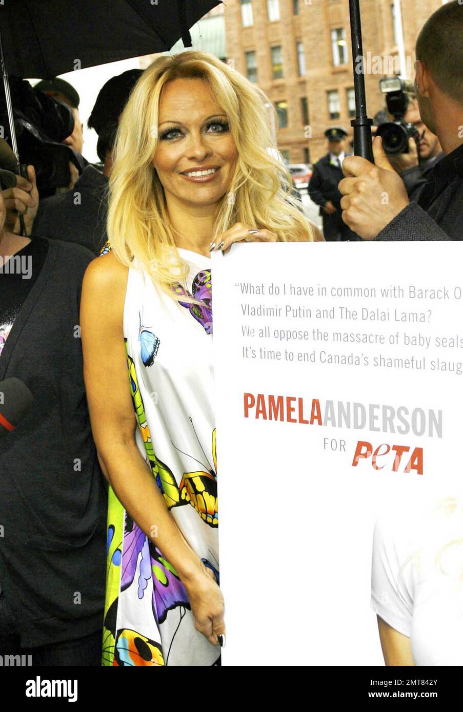 Pamela Anderson wears a colorful spring-like dress on a very dreary day ...