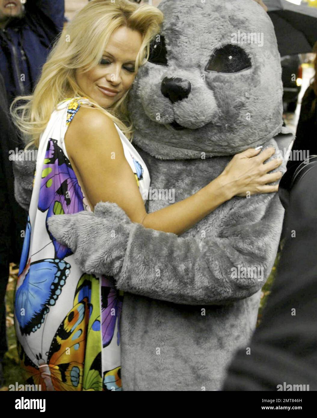 Pamela Anderson wears a colorful spring-like dress on a very dreary day ...