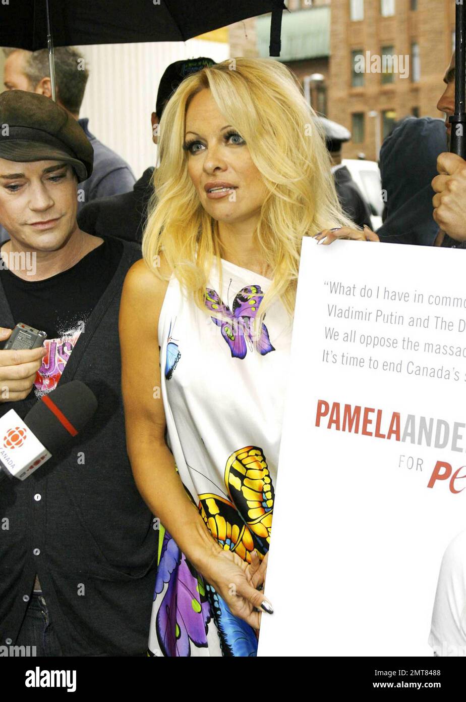 Pamela Anderson wears a colorful spring-like dress on a very dreary day ...