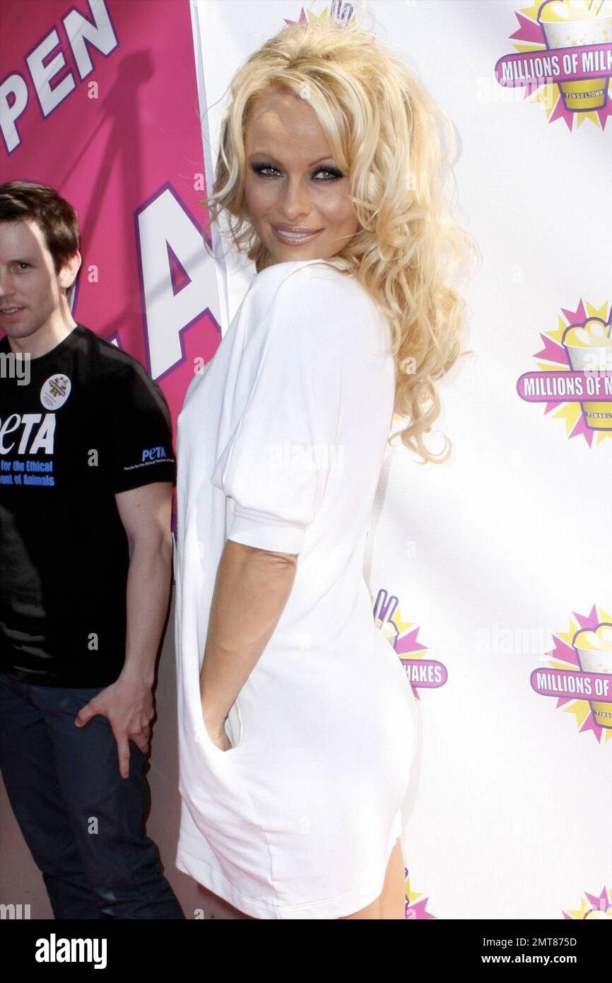 Wearing a simple white t-shirt dress and an anti-fur button, Pamela ...