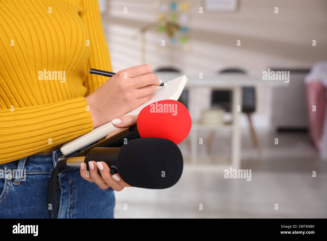 Professional journalist with microphones taking notes indoors, closeup ...