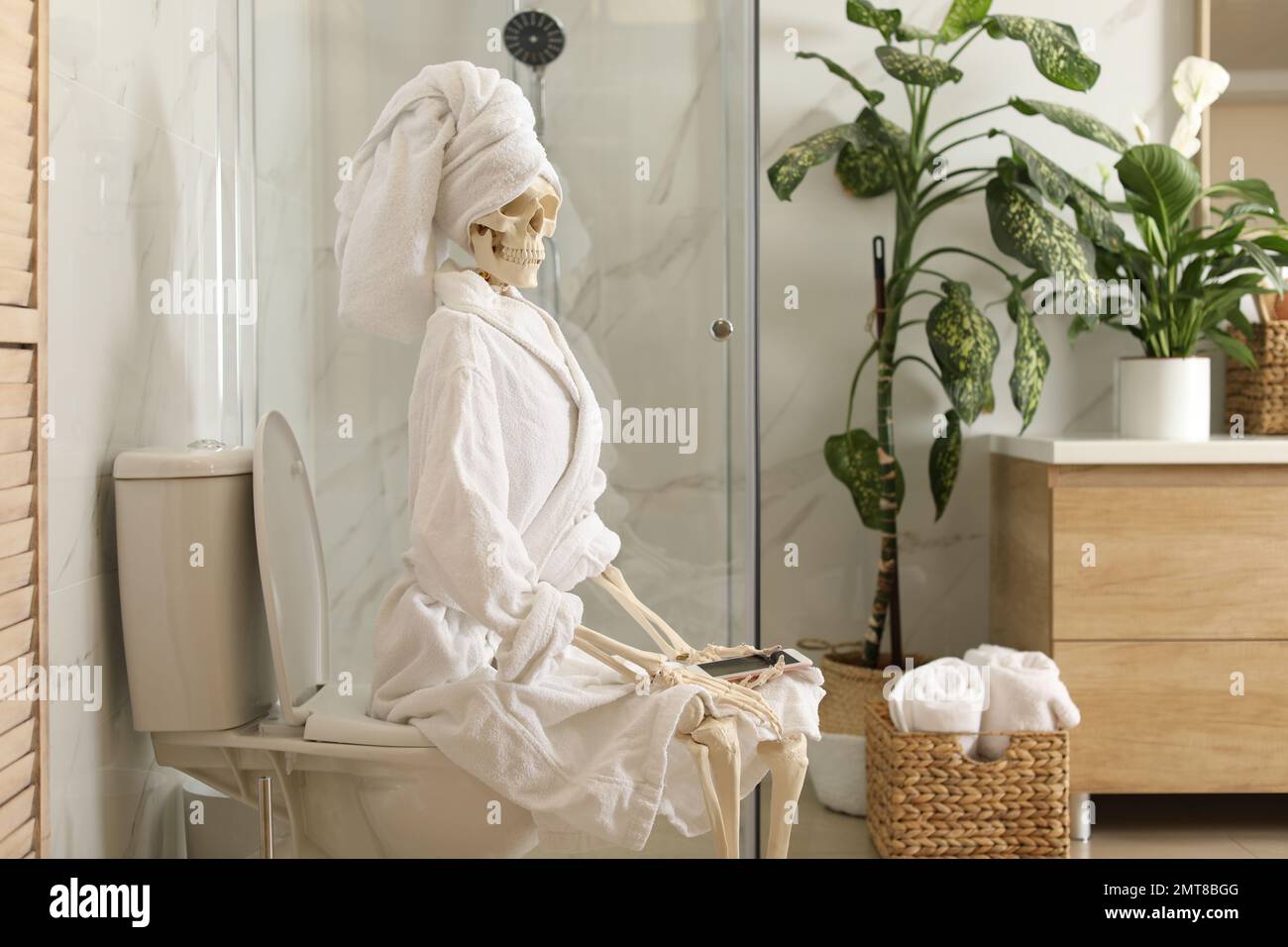 Skeleton in bathrobe with mobile phone sitting on toilet bowl Stock ...