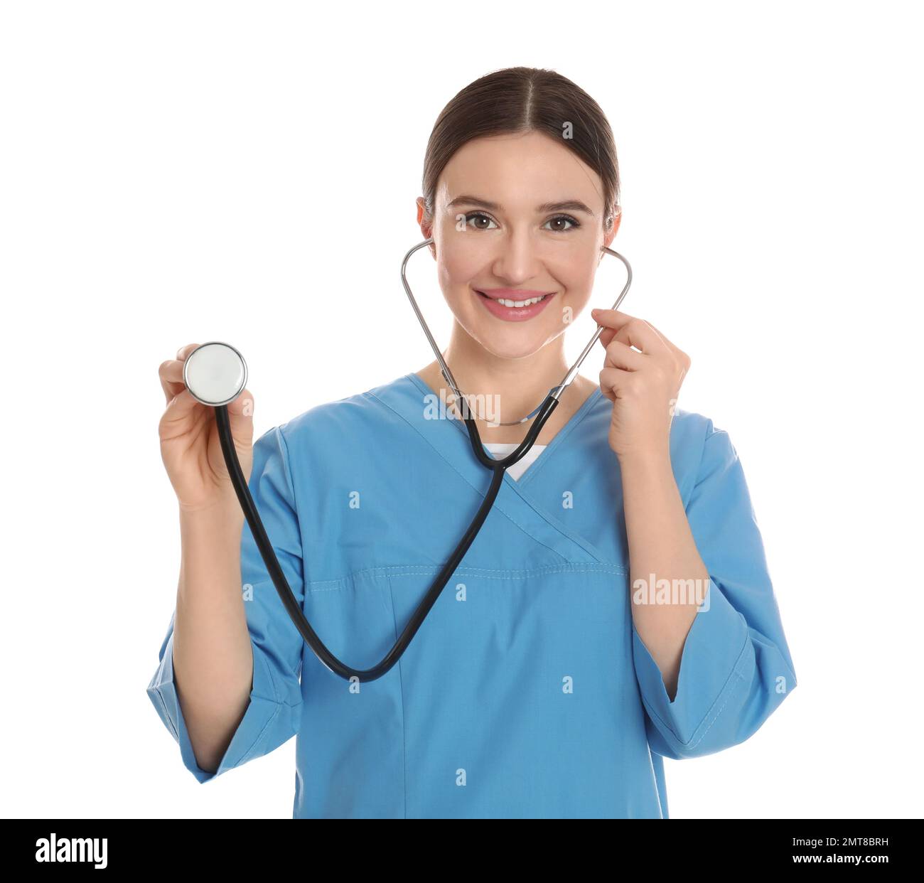 Portrait of doctor with stethoscope on white background Stock Photo - Alamy