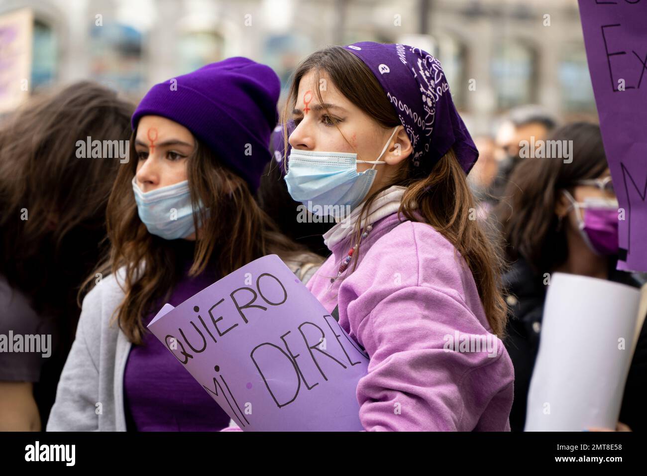 Madrid,Spain; 03082022: Feminist young women with placards on the crowd ...