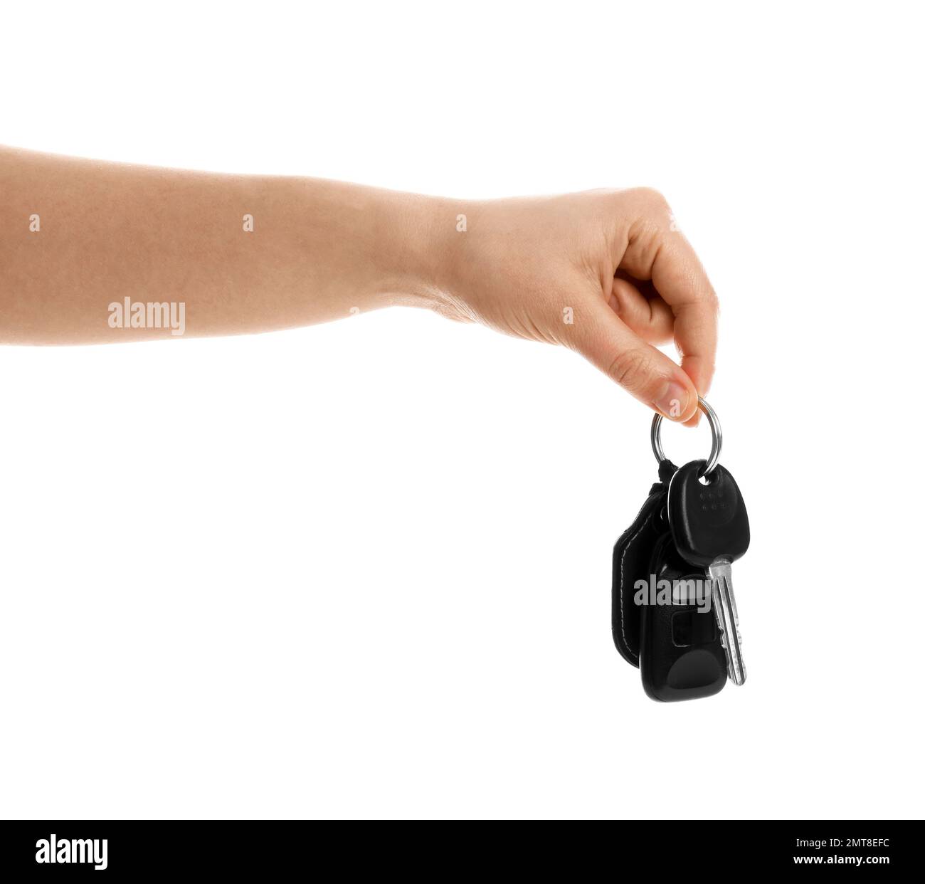 Woman holding key on white background, closeup. Car buying Stock Photo ...