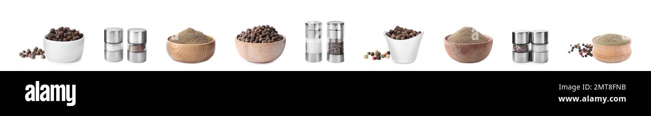 Set of ground pepper and grains on white background. Banner design ...