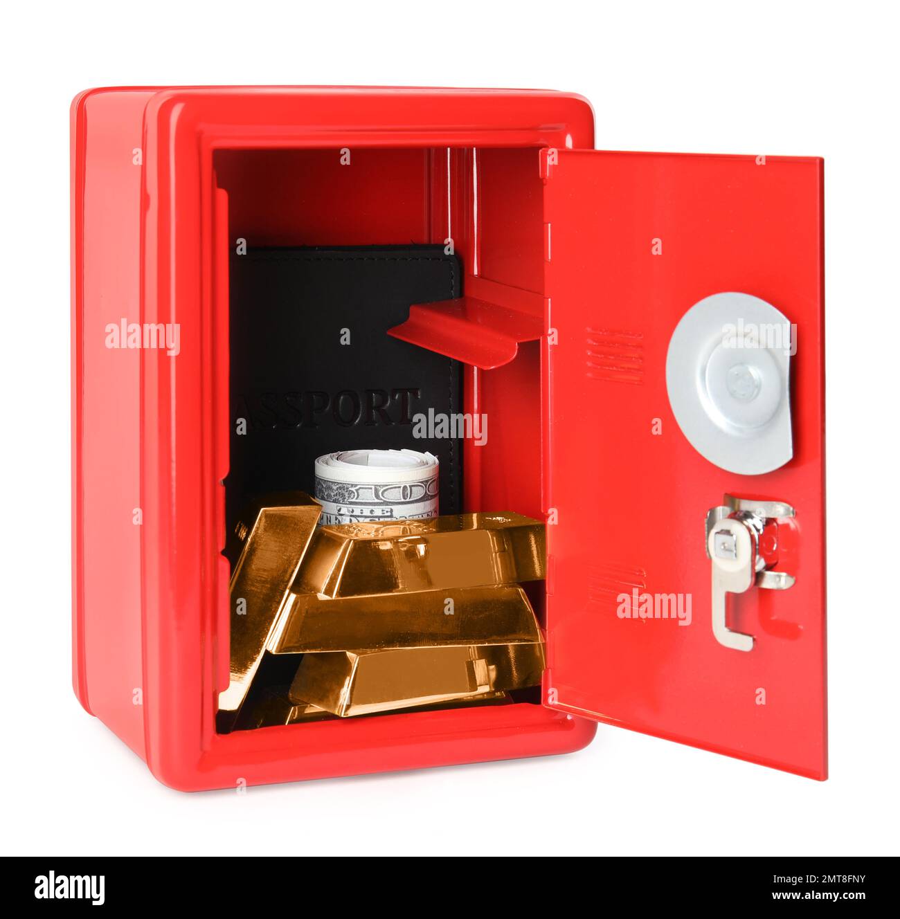 Open steel safe with money and gold bars isolated on white Stock Photo ...