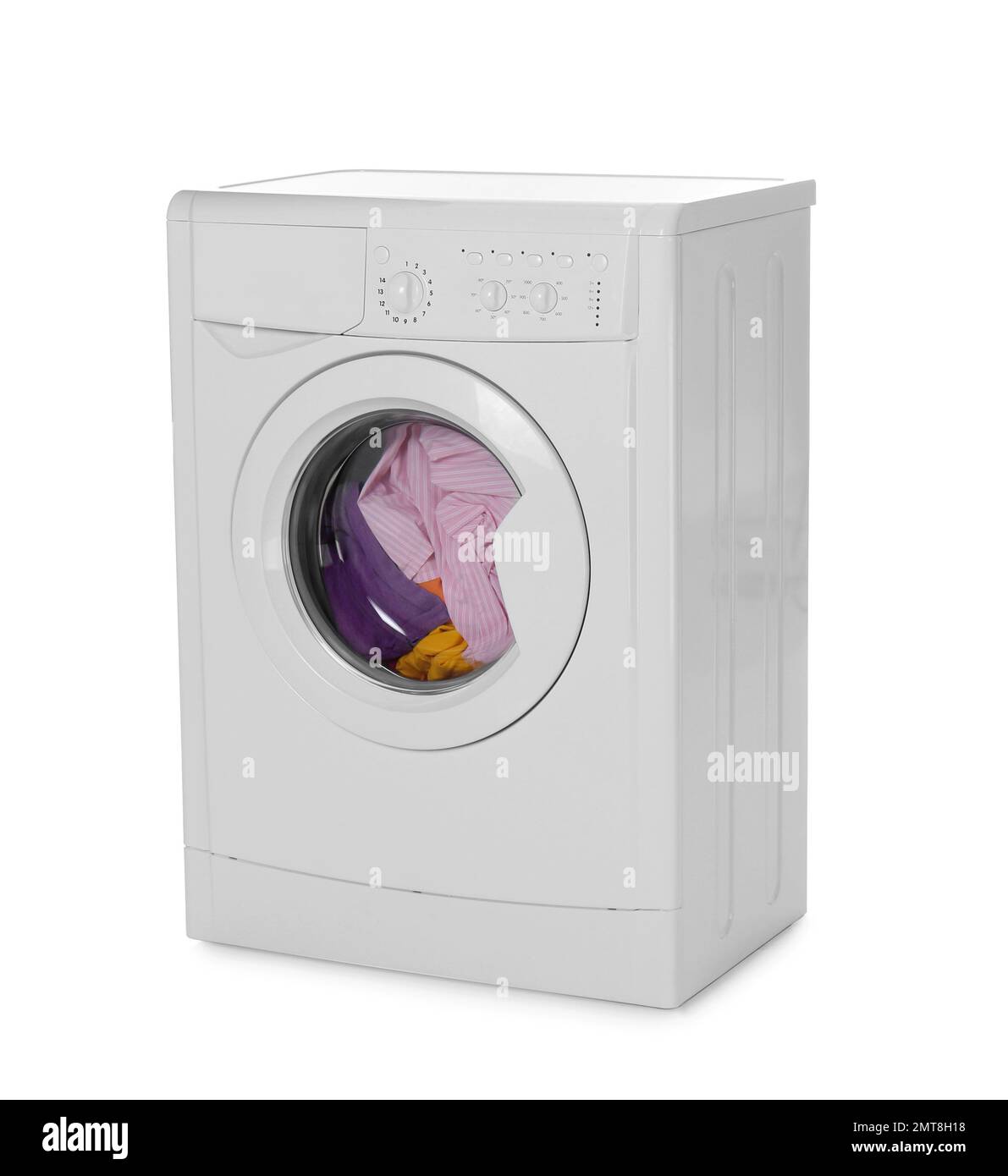 Modern washing machine with laundry isolated on white Stock Photo - Alamy
