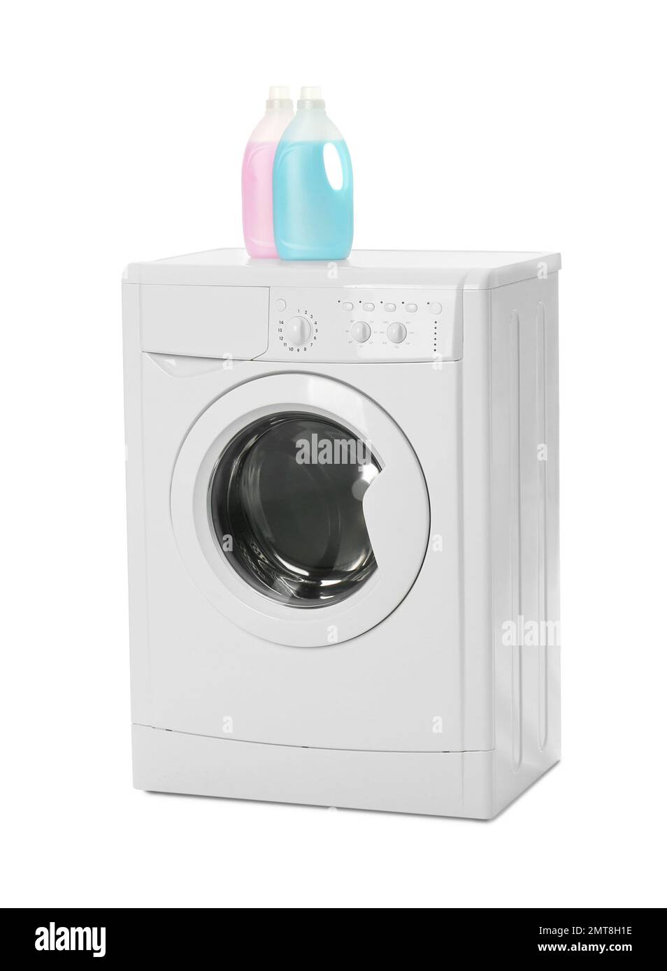 Modern washing machine and detergents on white background. Laundry day ...