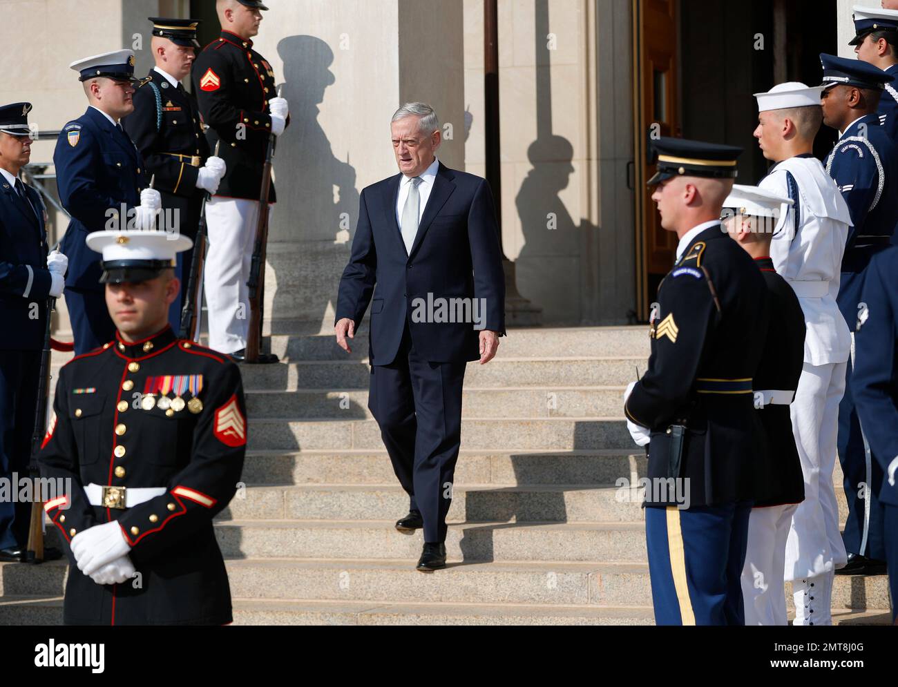 Defense Secretary Jim Mattis walks out before greeting Tunisian Prime Minister Youssef Chahed ...