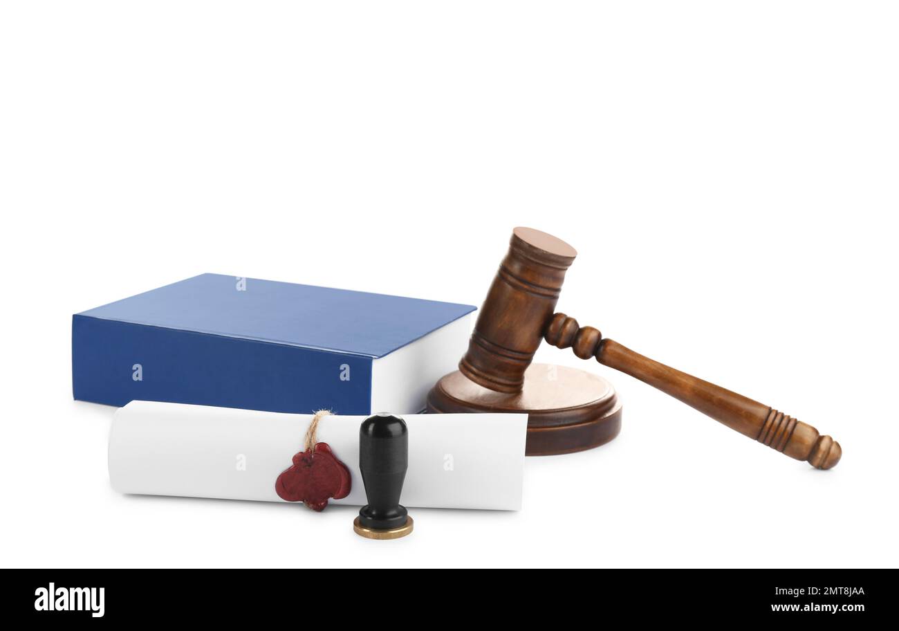 Different notary items and sealed document isolated on white Stock ...