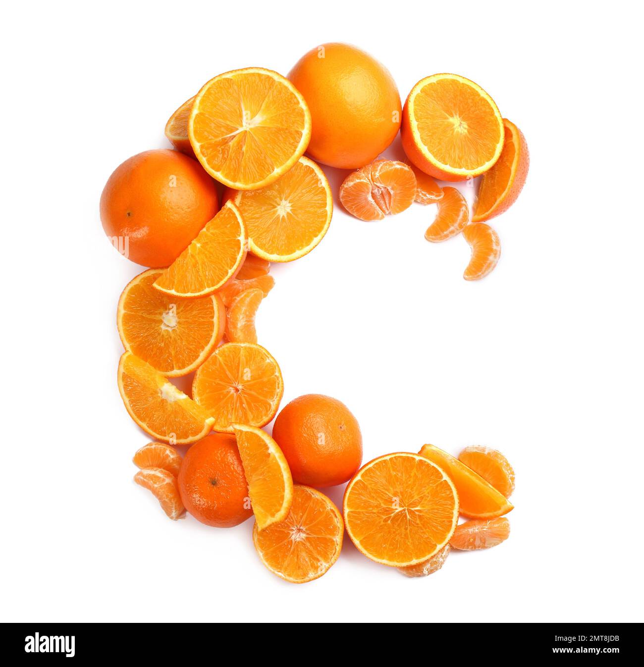 Letter C made with citrus fruits on white background as vitamin ...