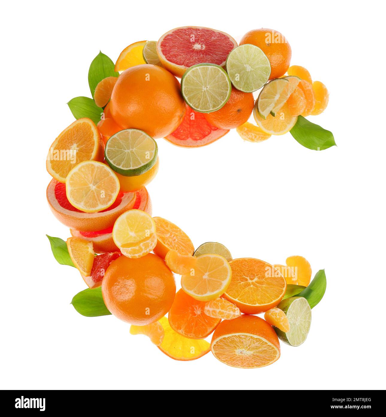 Letter C made with citrus fruits on white background as vitamin ...