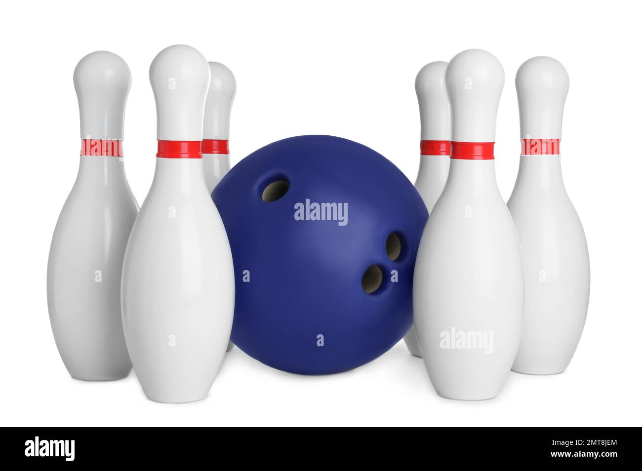 Blue bowling ball and pins isolated on white Stock Photo - Alamy