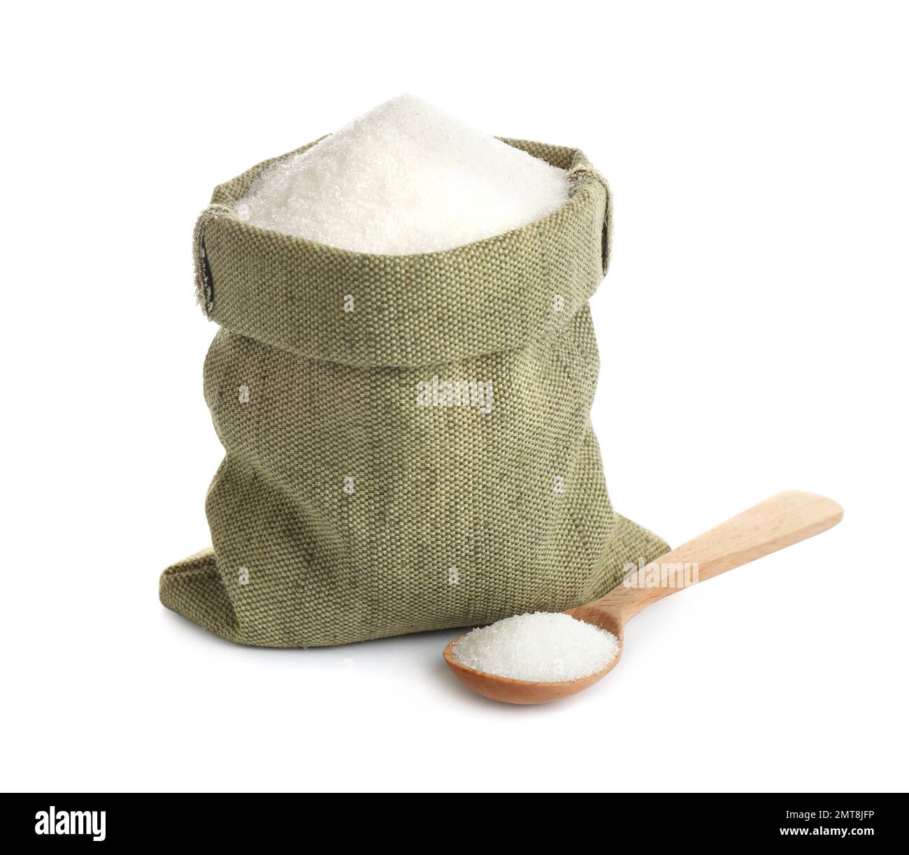 Sack and spoon with granulated sugar isolated on white Stock Photo - Alamy