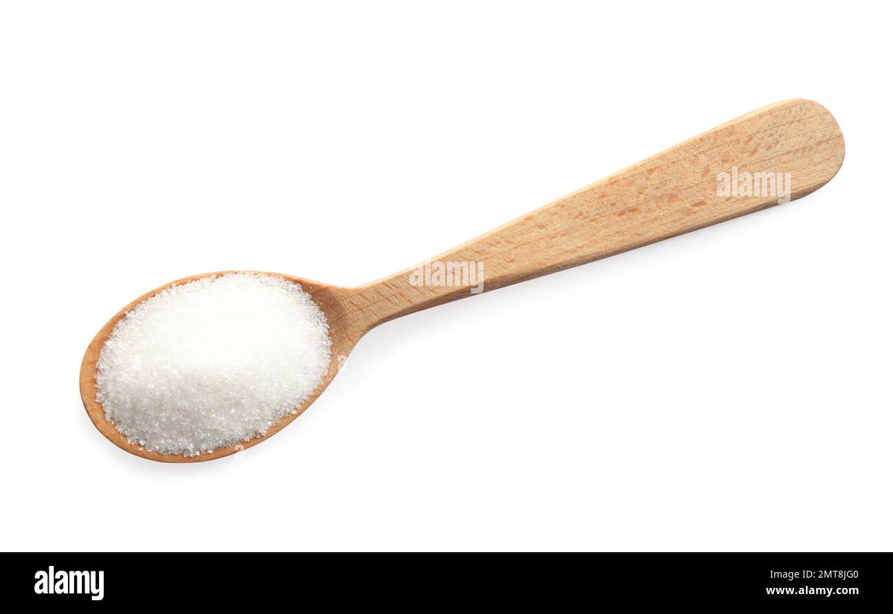 Granulated sugar in spoon isolated on white, top view Stock Photo - Alamy