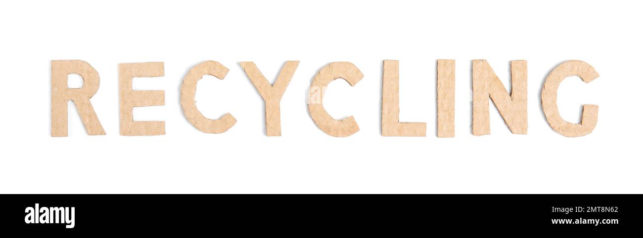 Word RECYCLING made of cardboard isolated on white, top view Stock ...