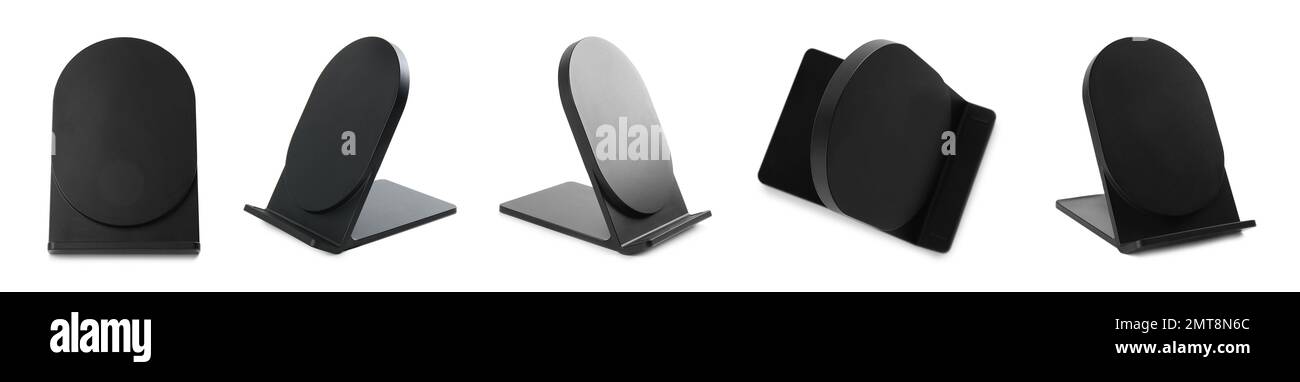 Collage with wireless chargers on white background. Banner design Stock ...
