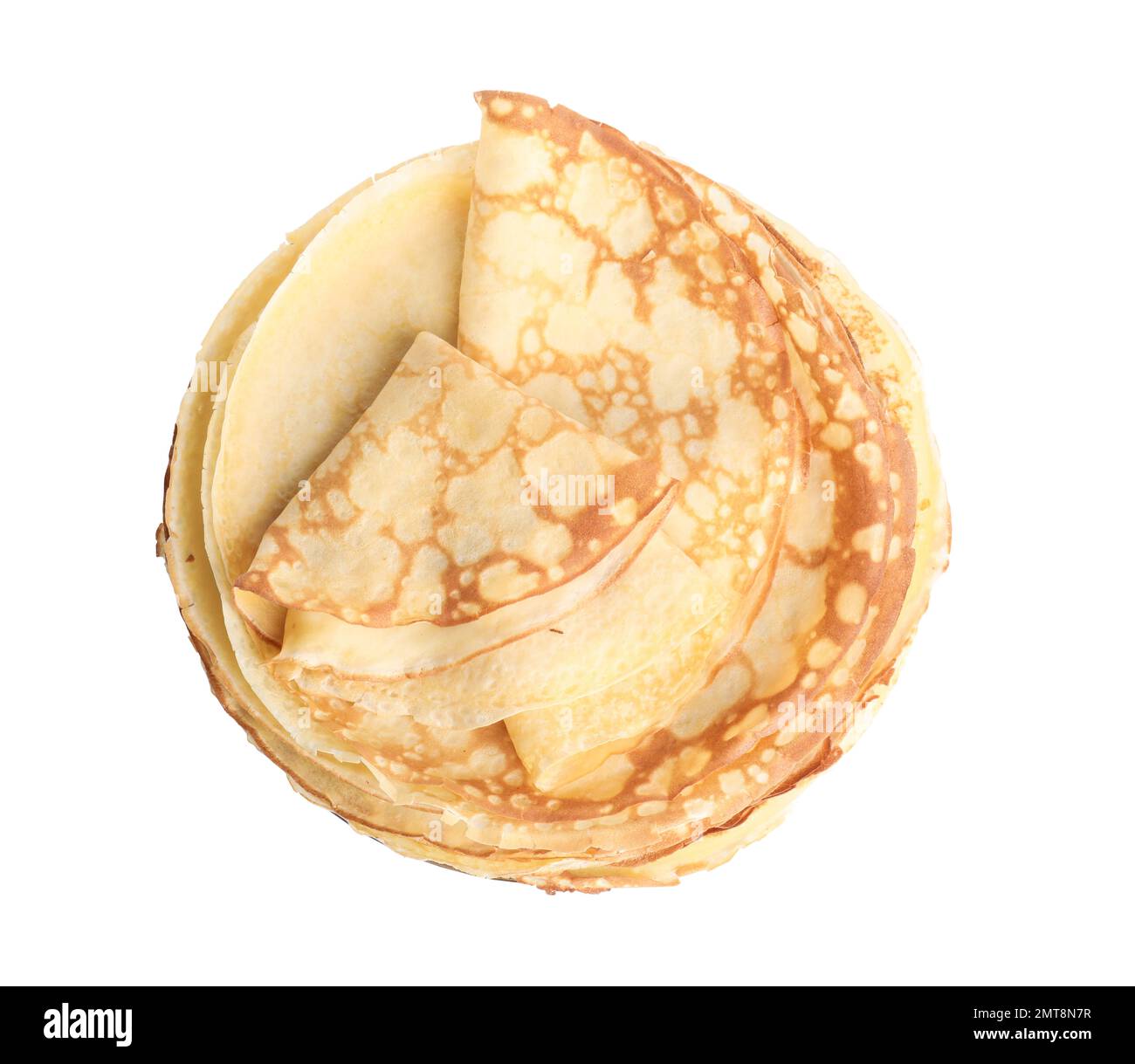 Stack of fresh thin pancakes isolated on white, top view Stock Photo ...