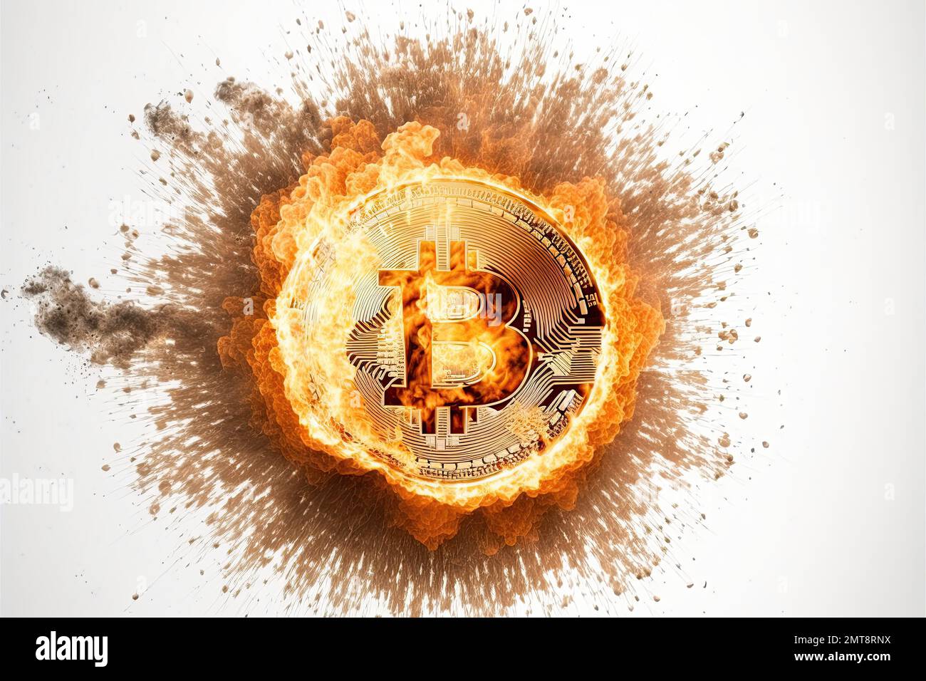 fire mushroom of a nuclear explosion of Bitcoin in the skyline creating ...