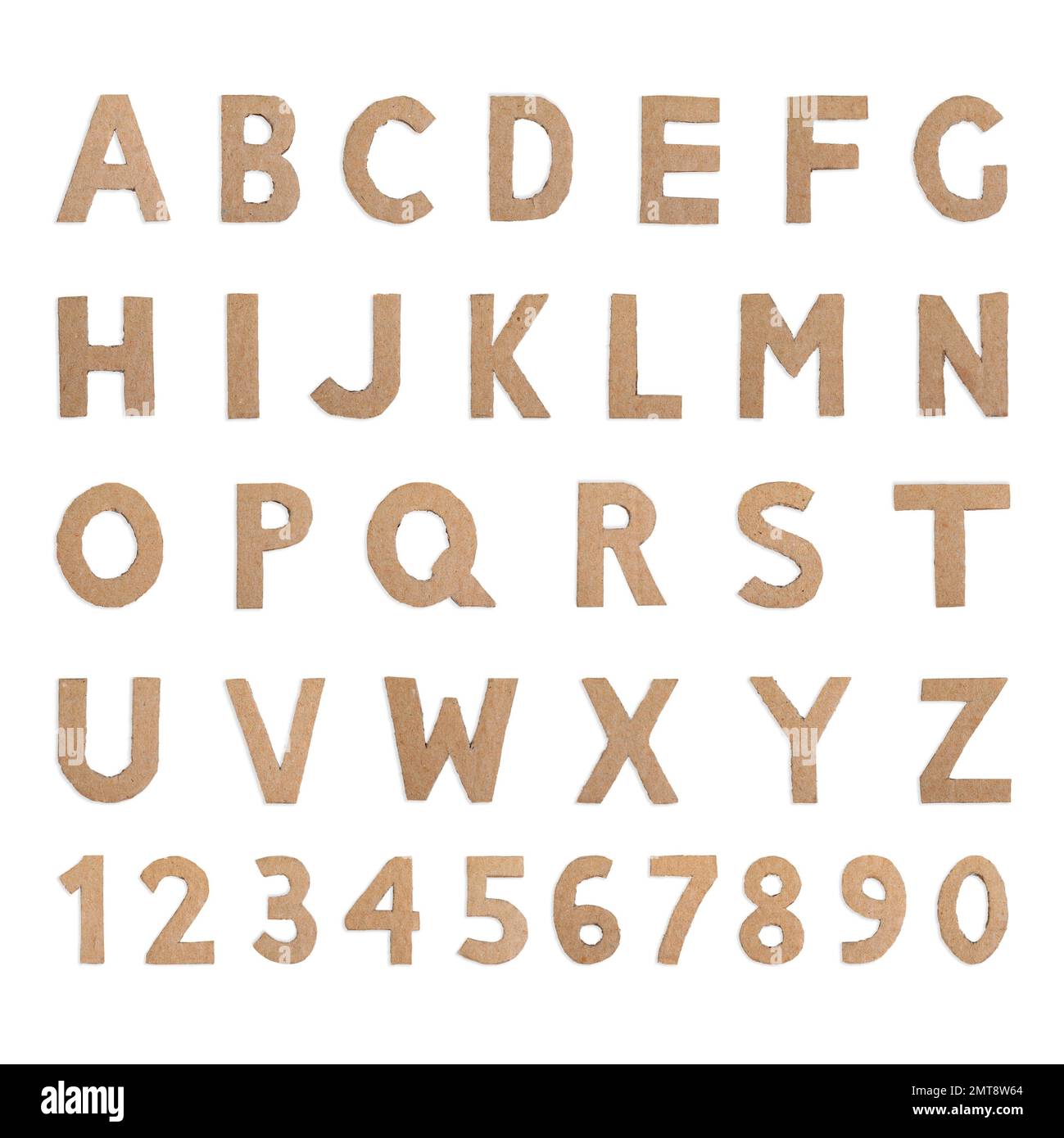 Collage with letters and numbers made of cardboard on white background ...