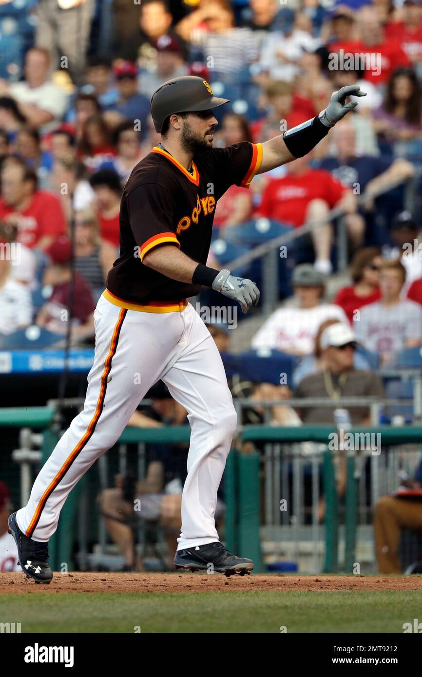 San Diego Padres' Austin Hedges reacts after hitting a home run off ...