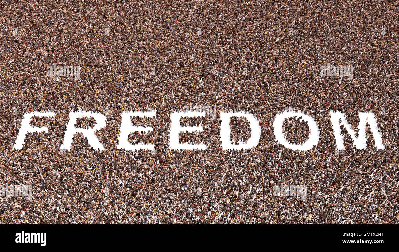 Concept conceptual large community of people forming FREEDOM word. 3d ...