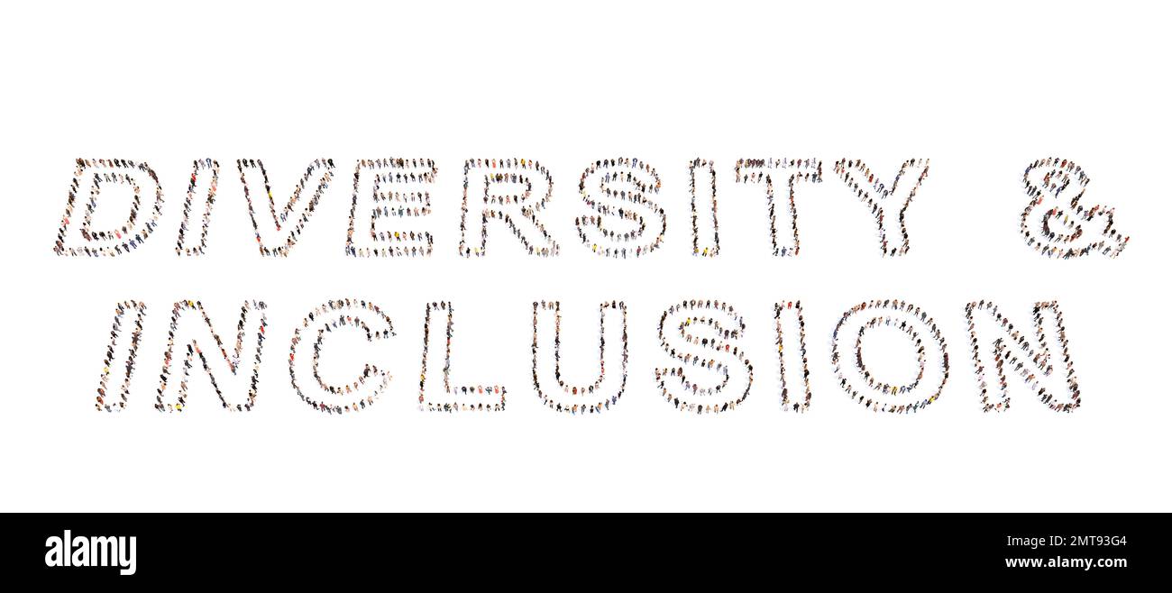 Conceptual large community of people forming DIVERSITY & INCLUSION message. 3d illustration ...