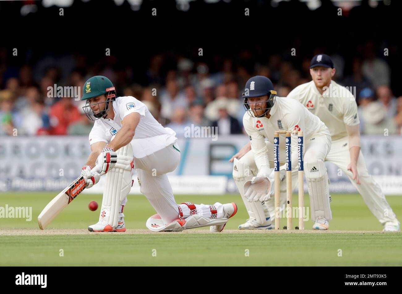 South Africa's Theunis de Bruyn hits a shot during the first test ...