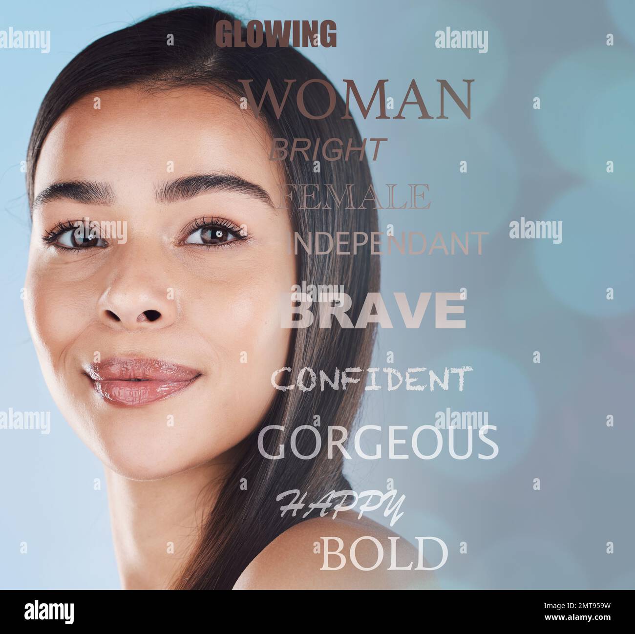Beauty, portrait and woman in a studio with words for motivation ...