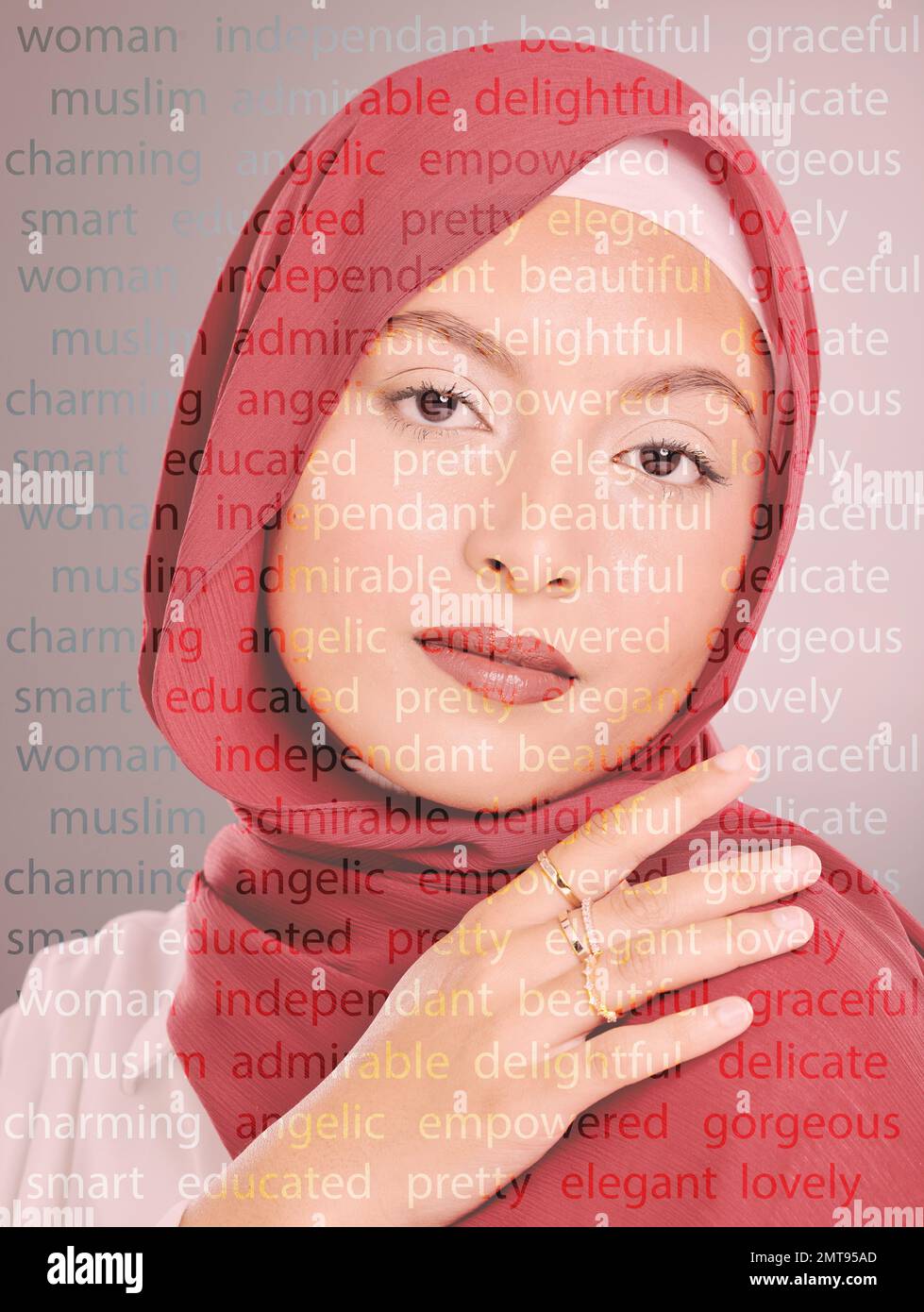 Woman, studio portrait and text overlay for islamic beauty, wellness ...