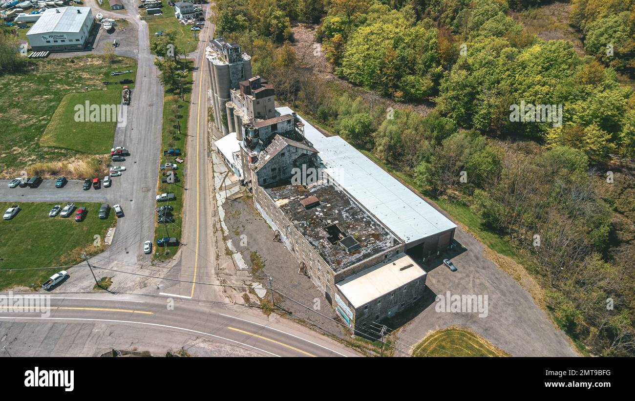 An aerial view of an old Malt House located in Sodus Point, New York ...
