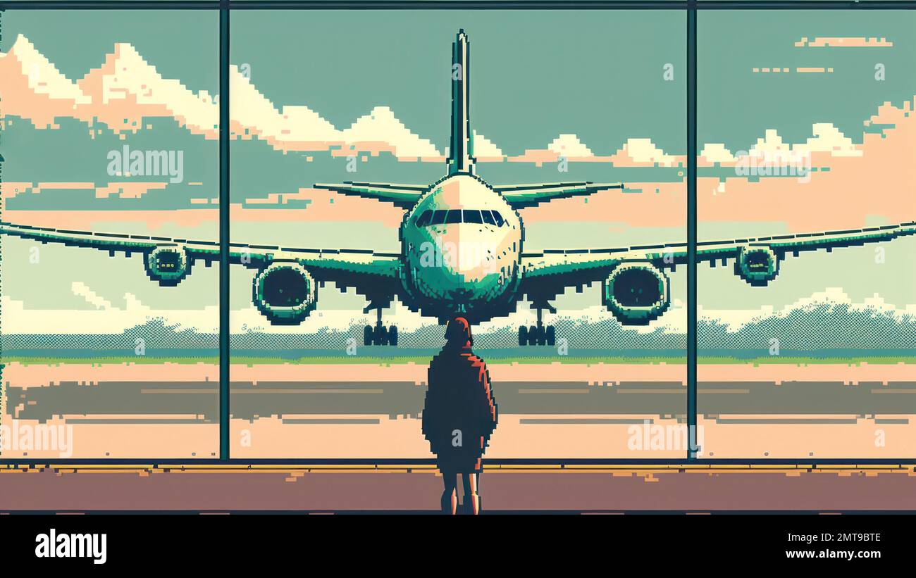 Airplane on runway travel transportation pixel art style graphic ...