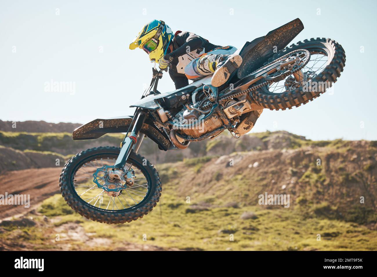 Motorcross, air jump and offroad sports stunt, speed challenge and ...