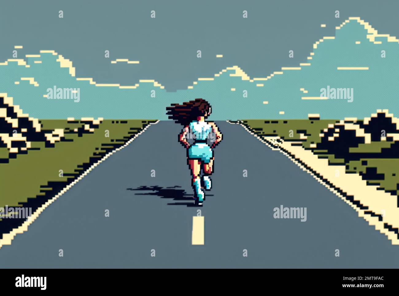 Woman running on the road pixel art style background Stock Photo - Alamy