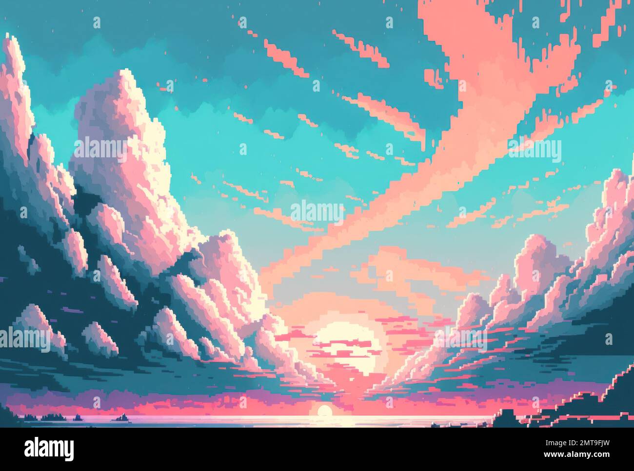 Pastel sweet blue pink sky pixel art style. background with copy space ...