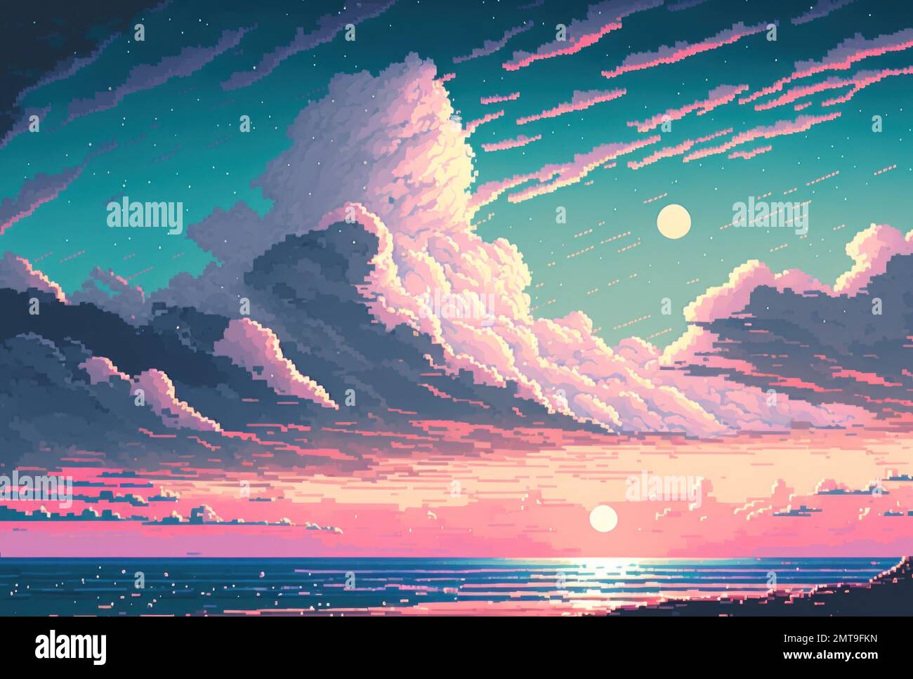 Pastel sweet blue pink sky pixel art style. background with copy space ...