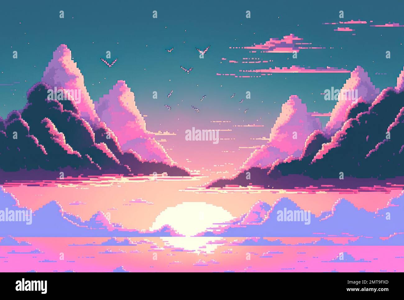 Pastel sweet blue pink sky pixel art style. background with copy space ...