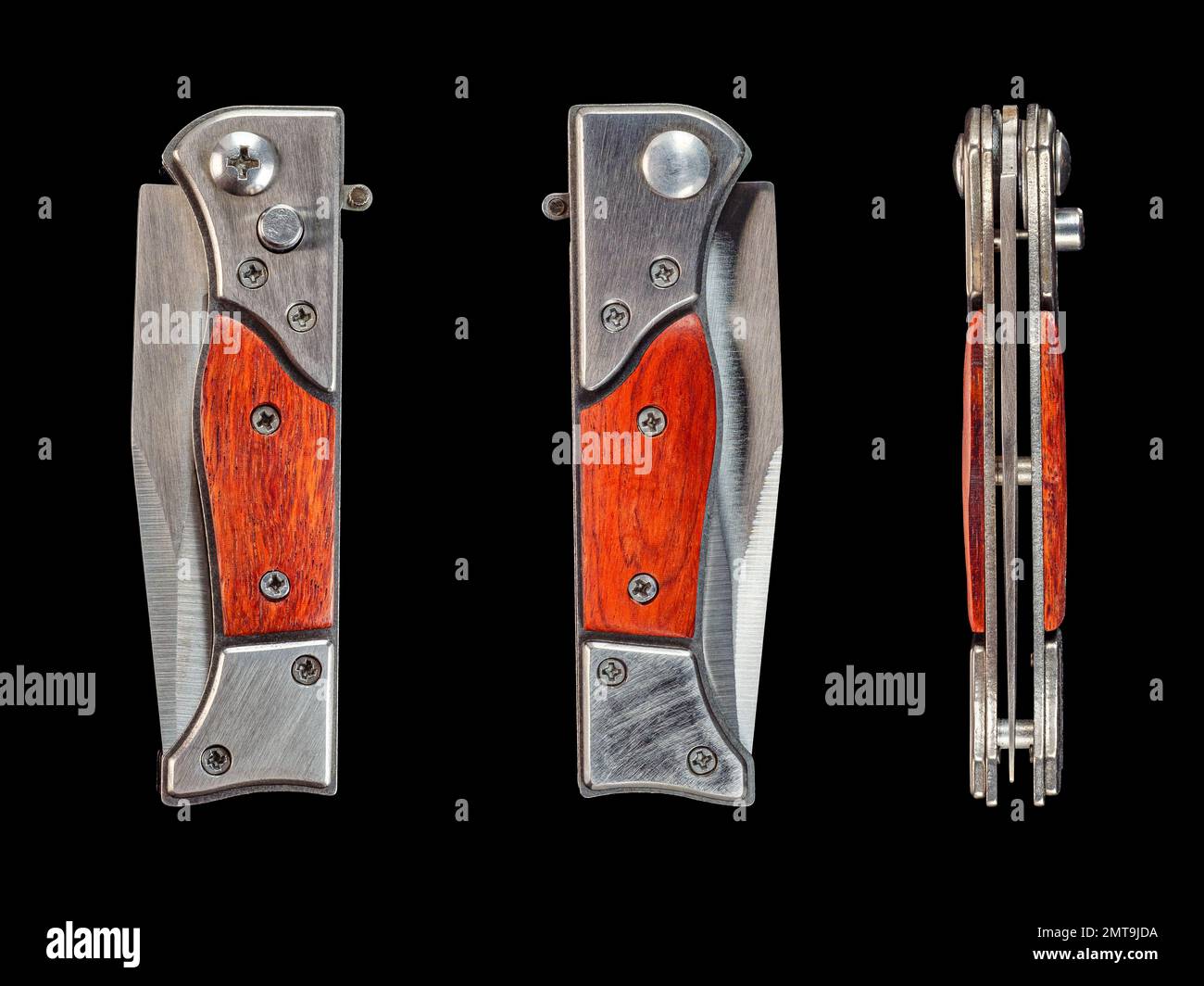 Set of different views on the folding knife isolated on black ...