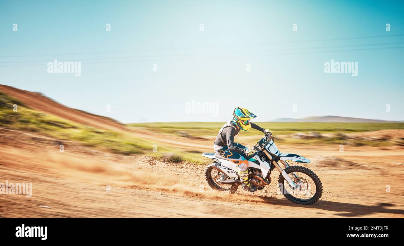 Motorbike, motorsports and speed on dunes with power, sky mockup and ...