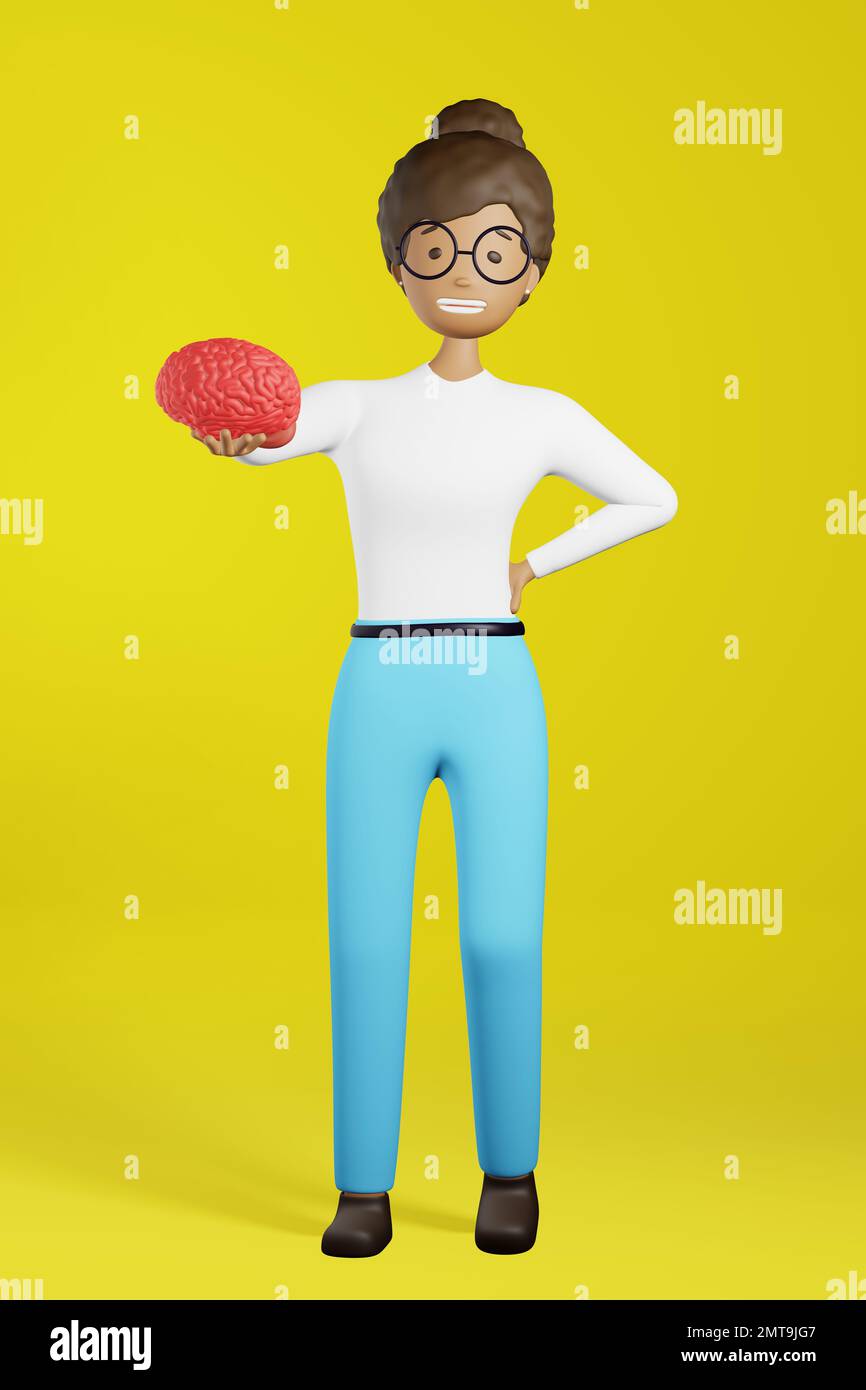 African American girl human brain yellow background 3d rendering ...