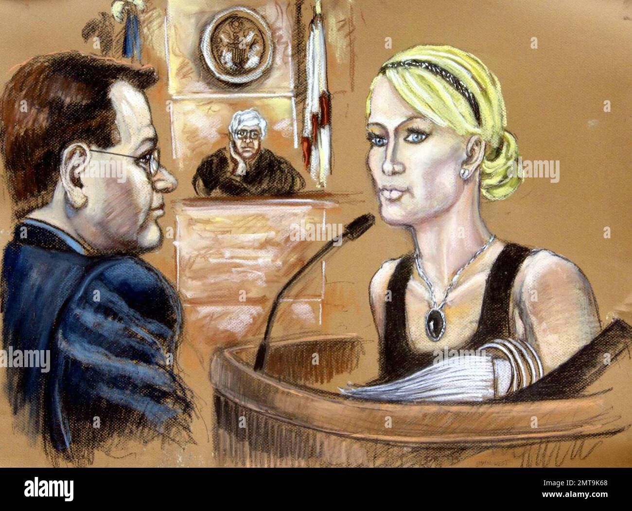 Paris Hilton is depicted in this courtroom sketch on the witness stand ...