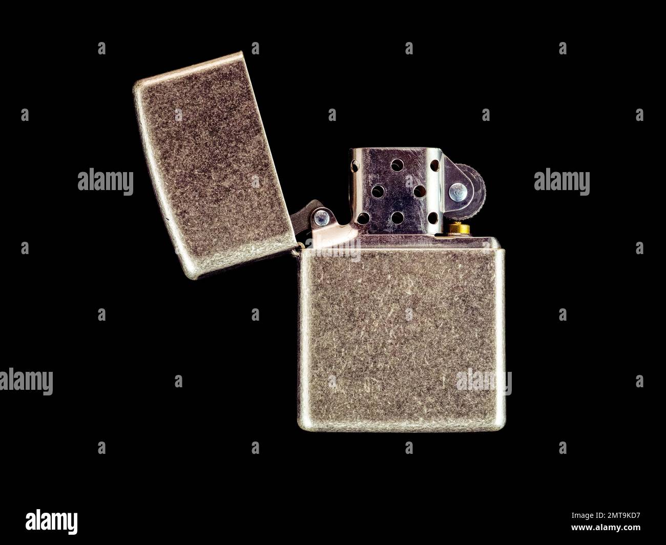 Close up old fashioned vintage lighter isolated on black background ...