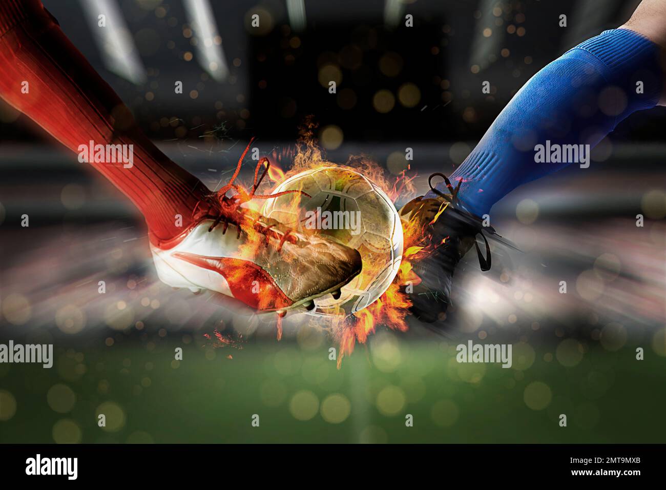 CG image of soccer players hitting the ball with fire Stock Photo - Alamy