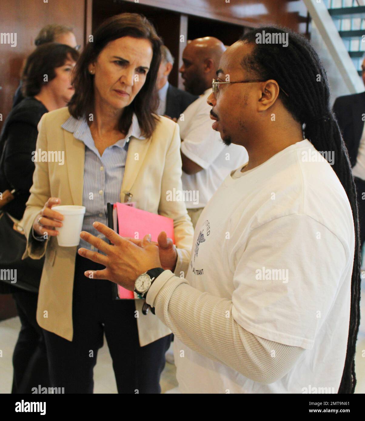In this June 27, 2017 photo prison inmate Tarrance Lawrence speaks with ...