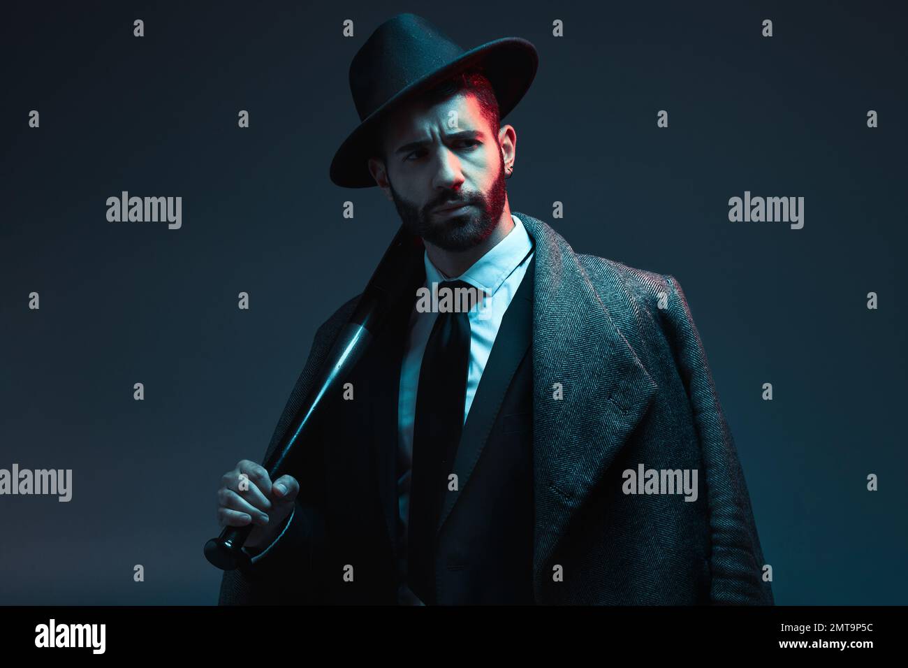 Fashion, criminal and face of man with bat for vintage, retro and ...