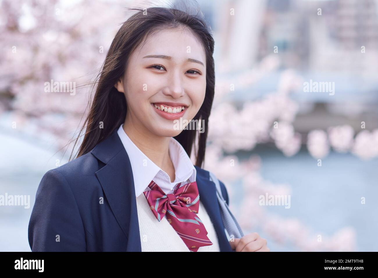 Japanese high school student portrait with cherry blossoms in full ...