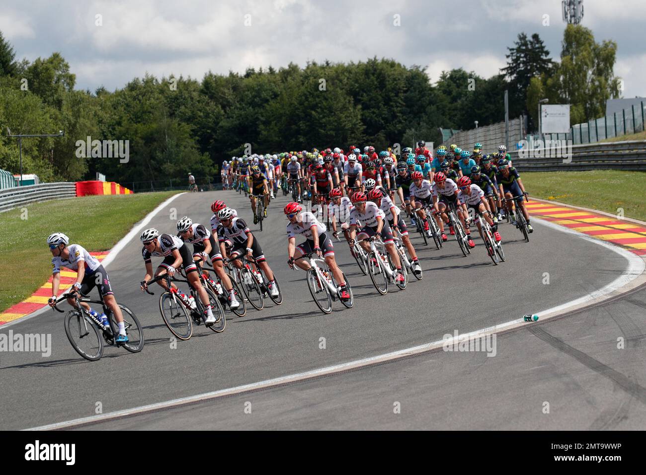 The pack passes over the Formula One Grand Prix circuit in Spa ...