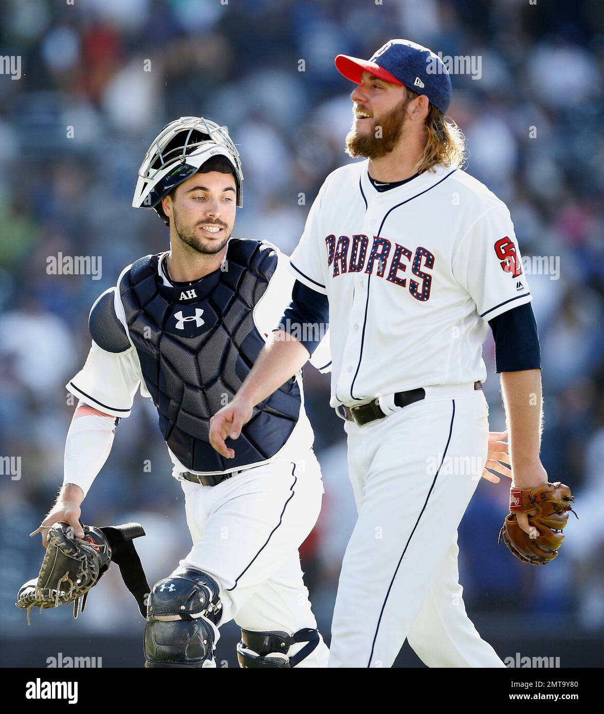 San Diego Padres catcher Austin Hedges, left, celebrates with relief ...
